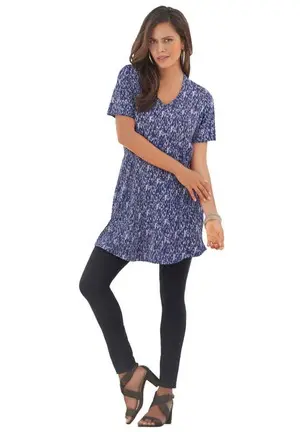 Roaman's Cotton V-neck Tunic - Navy Cool Texture