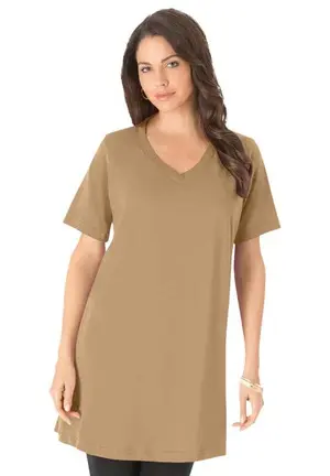 Roaman's Cotton V-neck Tunic - Soft Camel