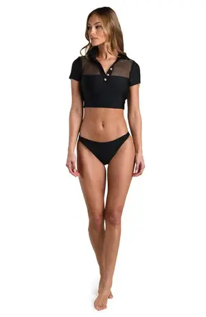 L'Agence Anastasi Mesh Inset Polo Bikini Top - Black