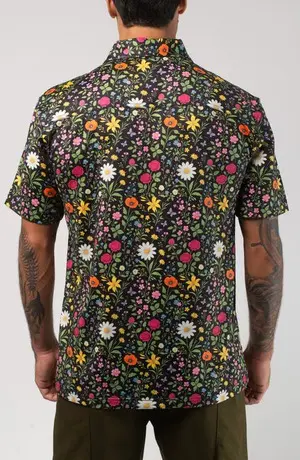 VAST Aqua Terra Scritti Politti Floral Tech Short Sleeve Performance Button-up Shirt - Black Multi