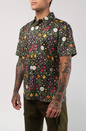 VAST Aqua Terra Scritti Politti Floral Tech Short Sleeve Performance Button-up Shirt - Black Multi