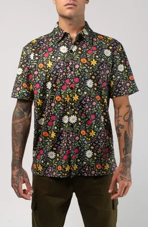 VAST Aqua Terra Scritti Politti Floral Tech Short Sleeve Performance Button-up Shirt - Black Multi