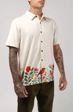 VAST Aqua Terra Floral Fauna Tech Short Sleeve Performance Button-up Shirt - Sand Multi