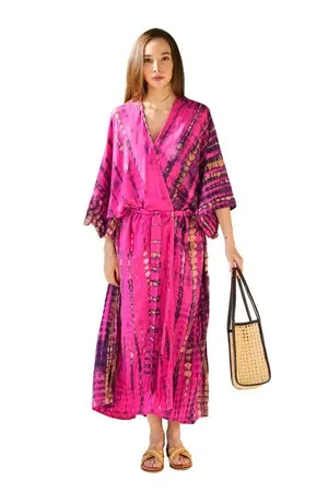 Pink Haley Hand-dyed Rayon Maxi Robe With Belt - Fuchsia