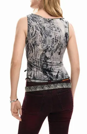 Desigual Abstract Print Sleeveless Top With Lace-up Side