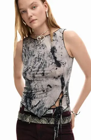 Desigual Abstract Print Sleeveless Top With Lace-up Side