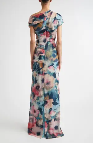 Lela Rose Abstract Floral Draped One-shoulder Gown