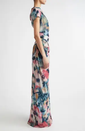 Lela Rose Abstract Floral Draped One-shoulder Gown