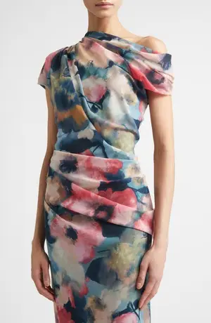 Lela Rose Abstract Floral Draped One-shoulder Gown