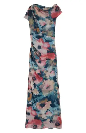 Lela Rose Abstract Floral Draped One-shoulder Gown