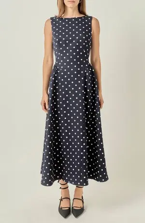 English Factory Dot Sleeveless Flare Midi Dress - White/navy