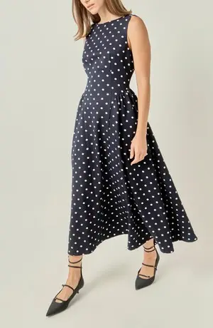 English Factory Dot Sleeveless Flare Midi Dress - White/navy