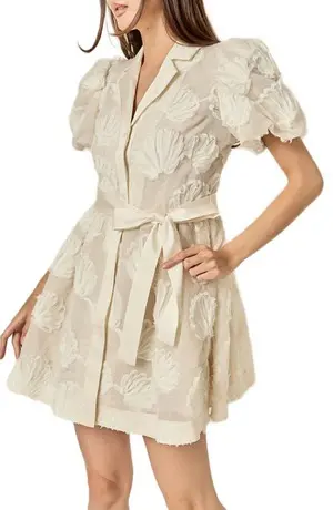 English Factory Shell Puff Sleeve Tie Waist Mini Dress