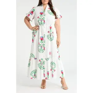 SUGARLIPS Floral Cotton Shirtdress - White-green-multi