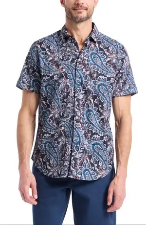 Robert Graham Barrington Floral Paisley Short Sleeve Cotton Crepe Button-up Shirt - Blue Multi