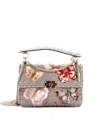 Valentino Garavani Rockstud Spike Flap Bag Sequin Embellished Quilted Leather Medium Shoulder Bag - Grey