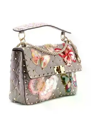 Valentino Garavani Rockstud Spike Flap Bag Sequin Embellished Quilted Leather Medium Shoulder Bag - Grey