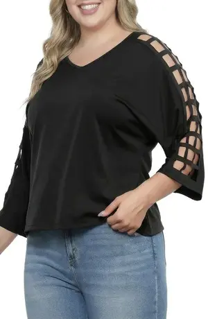 STANDARDS & PRACTICES Cutout Sleeve V-neck Top - Black