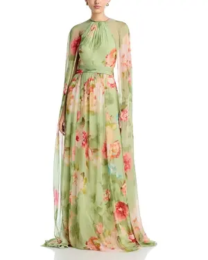 Rickie Freeman For Teri Jon Chiffon Floral Cape Gown - Cel Multi
