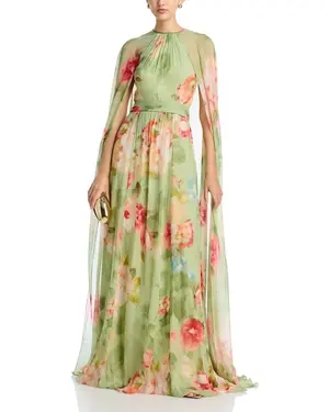 Rickie Freeman For Teri Jon Chiffon Floral Cape Gown