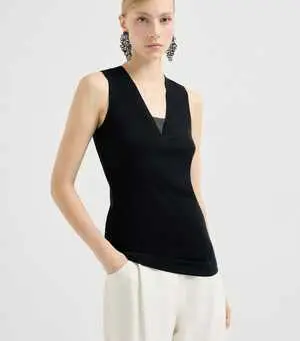 Brunello Cucinelli Embellished V-neck Stretch Cotton T-shirt - Black