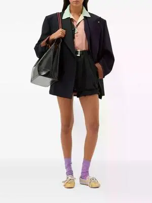Versace Pinstriped Wool Formal Shorts With Medusa Hardware - Blue