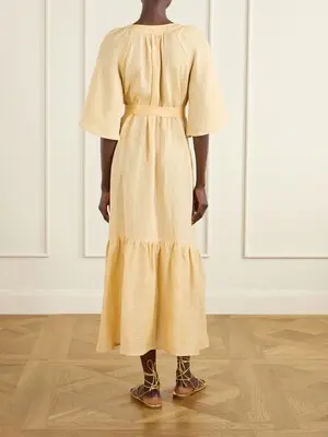 ERES Audacieuse Belted Tiered Linen Midi Dress - Yellow