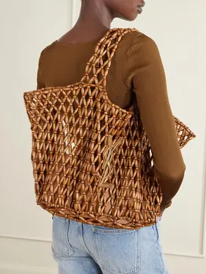 Saint Laurent Icare Beaded Wood Tote - Brown
