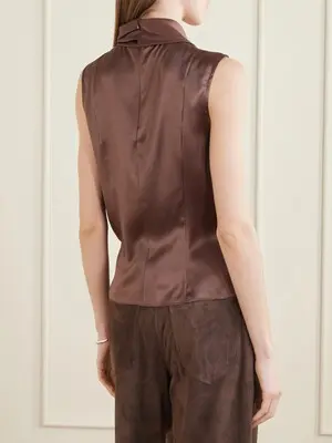 Brunello Cucinelli Wrap-effect Sleeveless Draped Silk-blend Satin Blouse - Brown