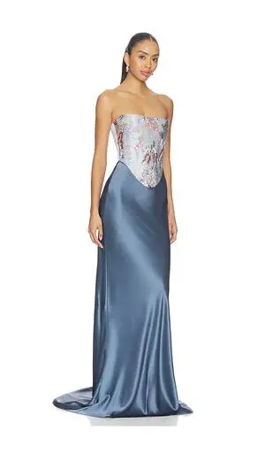 SAU LEE Misha Ash Satin Sequin Embellished Gown - Blue Ash