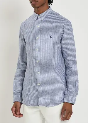 Polo Ralph Lauren Striped Logo-embroidered Linen Shirt - Navy