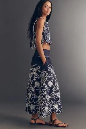 Farm Rio Richelieu Floral Midi Skirt - Blue