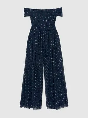 REISS Margo Polka-dot Bardot Wide-leg Jumpsuit - Navy/ivory
