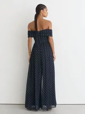 REISS Margo Polka-dot Bardot Wide-leg Jumpsuit