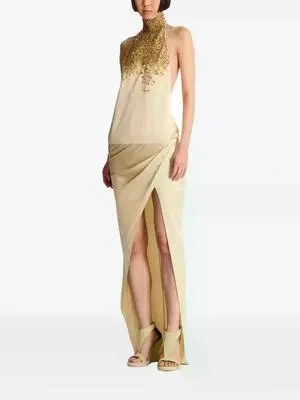 Balmain Halterneck Embroidered Silk Maxi Dress