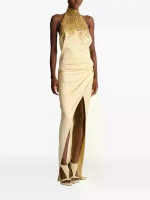 Balmain Halterneck Embroidered Silk Maxi Dress