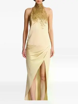 Balmain Halterneck Embroidered Silk Maxi Dress