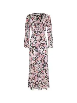 Rixo Printed V-neck Long Sleeve Maxi Dress - Black