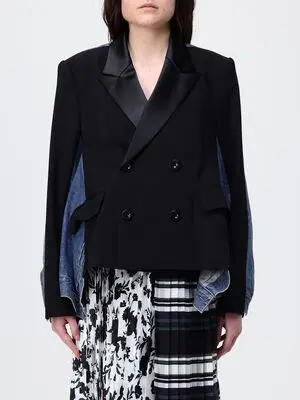 Sacai Double Breasted Jacket With Denim Paneling - Black