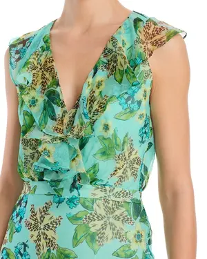 Saloni Rita Silk Maxi Dress With Floral Print - Fiori Mint