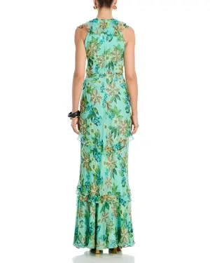 Saloni Rita Silk Maxi Dress With Floral Print - Fiori Mint