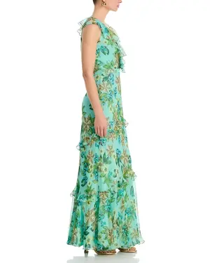 Saloni Rita Silk Maxi Dress With Floral Print - Fiori Mint