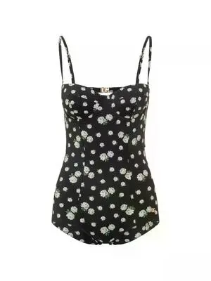 Dolce & Gabbana Floral-print Swimsuit With Dg Logo - Black