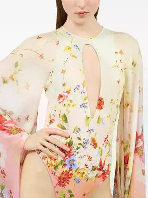 Roberto Cavalli Floral Print Long Sleeve Swimsuit - Neutrals