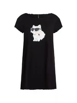 Karl Lagerfeld Ikon Choupette Bow-detail Cotton Pajama Dress - Black