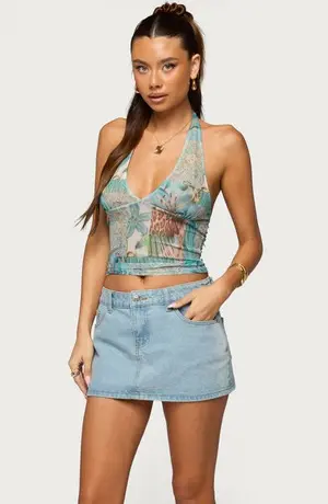 EDIKTED Patchwork Mesh Halter Top - Blue