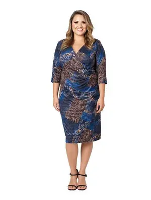 24SEVEN COMFORT APPAREL Curvy Essential Faux Wrap Dress - Blue Multi