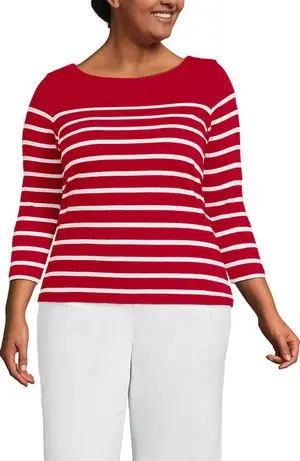 LANDS' END Mariner Jersey Boatneck Top Compass Red Stripes