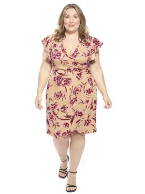 24SEVEN COMFORT APPAREL Floral Faux Wrap Midi Dress - Beige Multi
