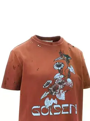 GOLDEN GOOSE Distressed Floral Print Cotton T-shirt - Brown
